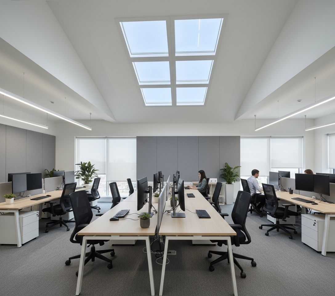 Modern office space with Circadian Sky skylights in ceiling array